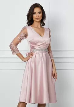 Rochie Ella Collection Adria roz somon cu maneci din dantela si cordon ...