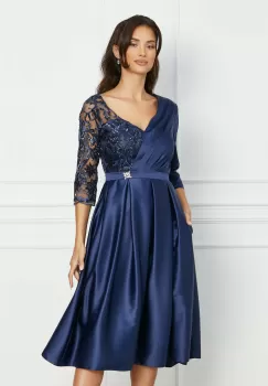Rochie MBG bleumarin din tafta cu maneca din dantela - Rochii ieftine