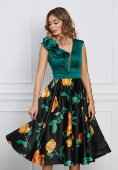 Rochie MBG cu bust verde si fusta neagra cu flori - Rochii ieftine