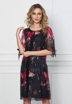 Rochie Tina neagra cu capa din voal cu imprimeu rosu - Rochii ieftine