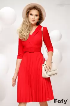 Rochie dama Fofy office rosie plisata cu revere - Rochii ieftine
