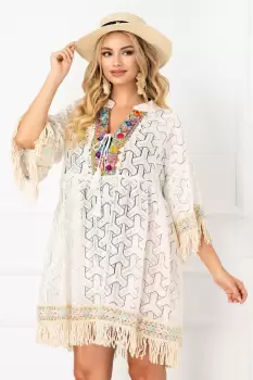 Rochie de plaja ivoire cu model din paiete si franjuri ondulati ...