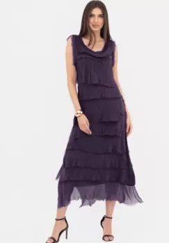 Rochie indigo din matase naturala cu volane franjurate suprapuse, fara ...