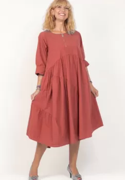 Rochie roz inchis oversize, cu trei volane asimetrice, din poplin ...