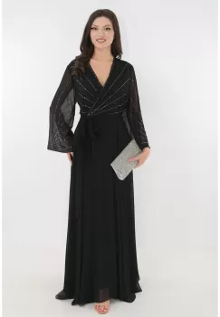 Rochie eleganta Gilda, croiala asimetrica, franjuri cu strasuri si ...